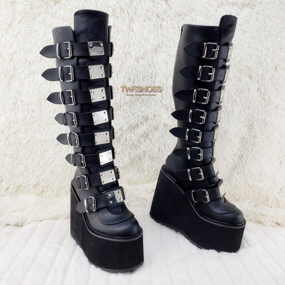 Demonia | Shoes | Wide Calf Trinity Swing Black Goth Platform Wedge ...
